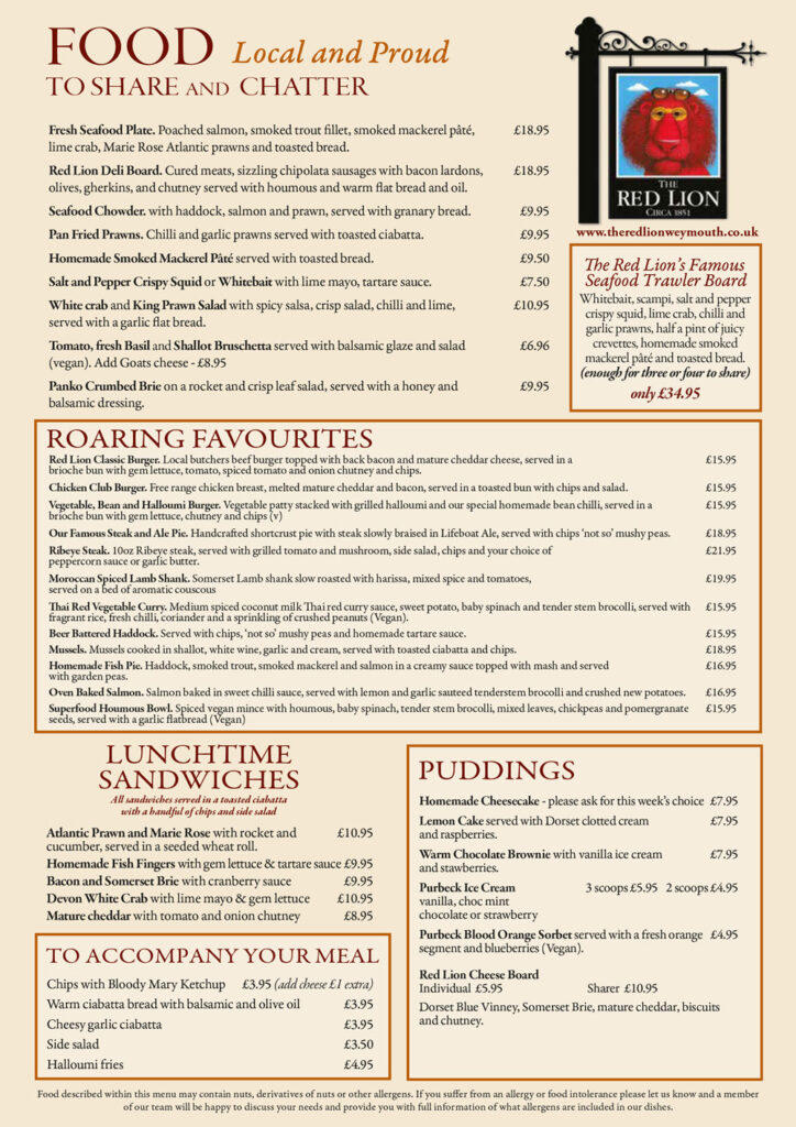 Menu | The Red Lion Weymouth