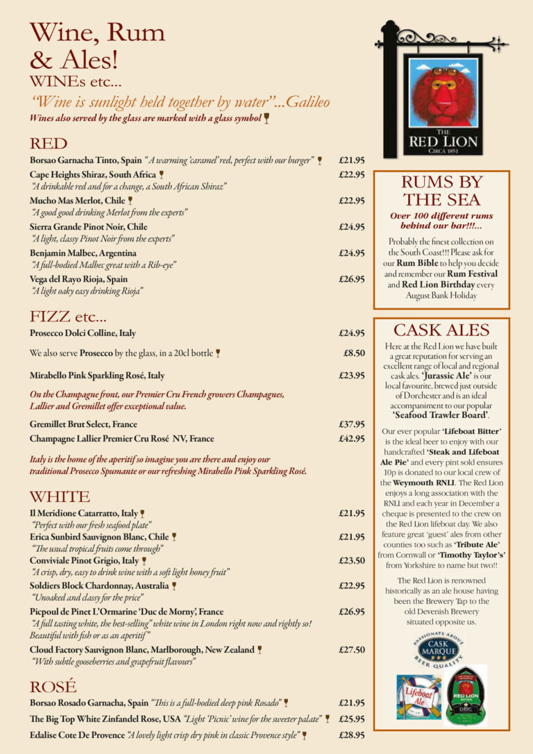 Menu | The Red Lion Weymouth